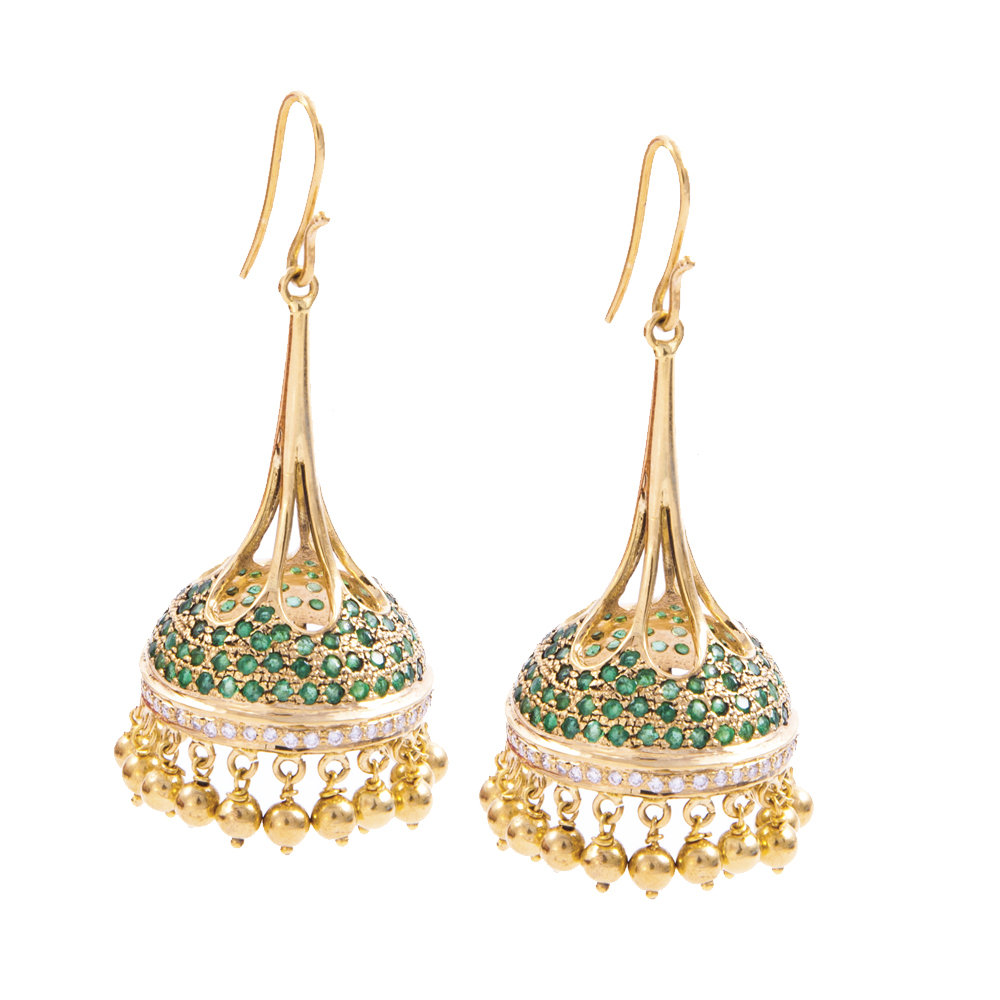 Shop 18K Gold Jhumki Earrings with Diamonds and Emeralds Online in India
