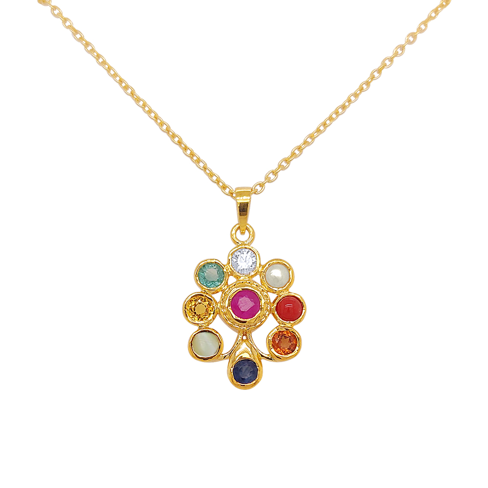 Shop Ornate Natural Navaratna 22K Gold Pendant Online in India | Gehna