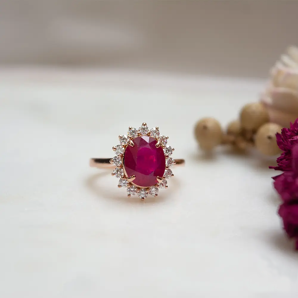 Shop Oval-Shaped Ruby and Diamond 18K Rose Gold Ring | Gehna