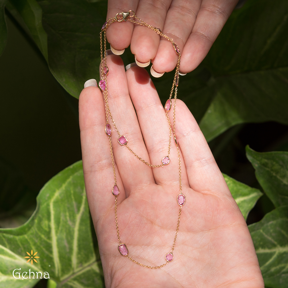 Shop Pink Sapphire Long 18K Gold Chain for Women | Gehna