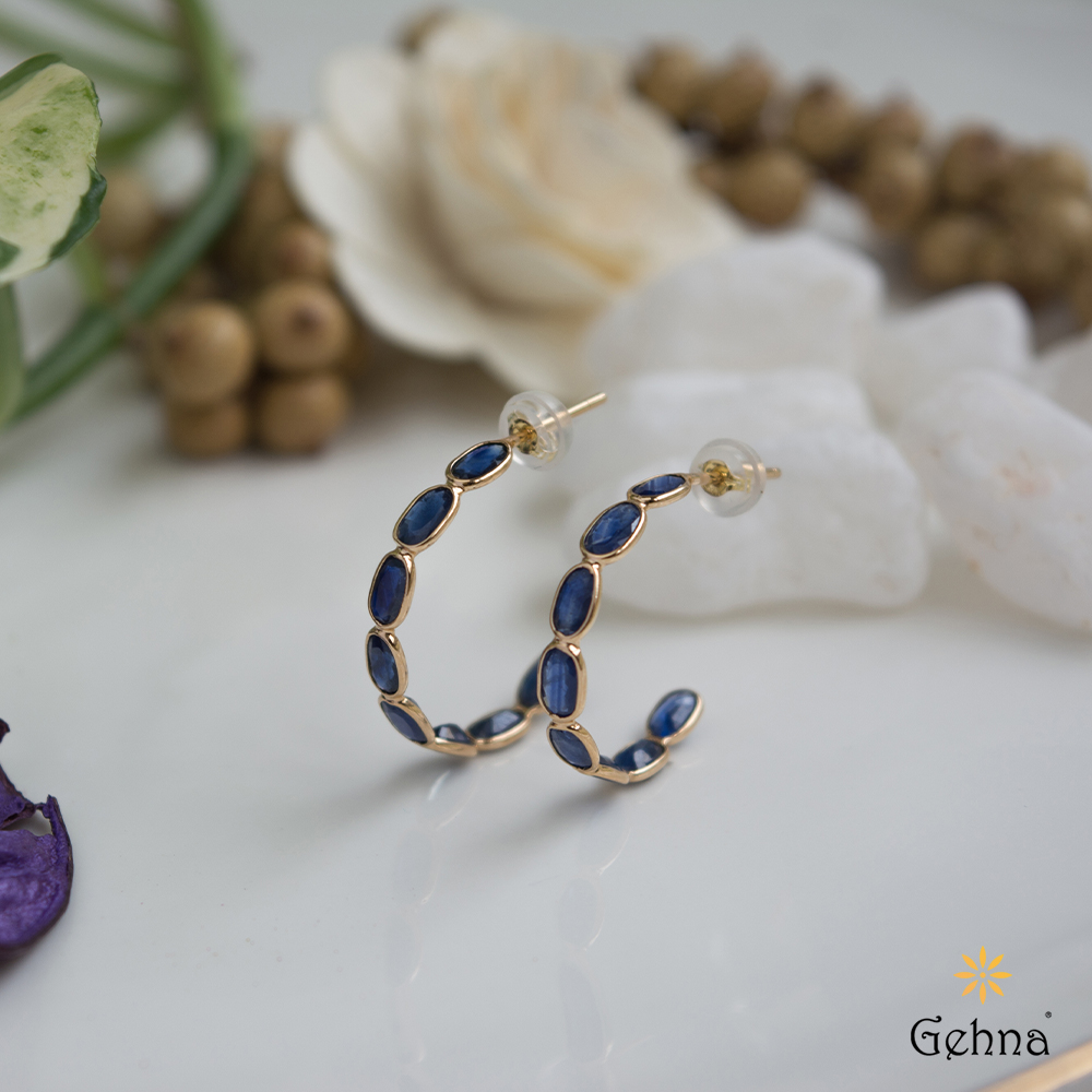 Shop Oceanic Blue Sapphire 18k Gold Hoop Earrings for Women | Gehna