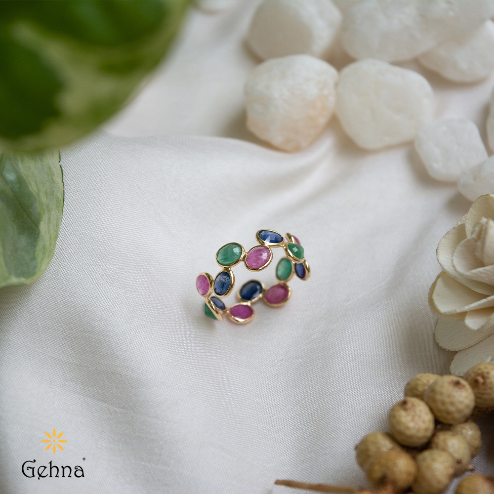 Sparkling Ruby, Emerald & Sapphire 18K Gold Eternity ring