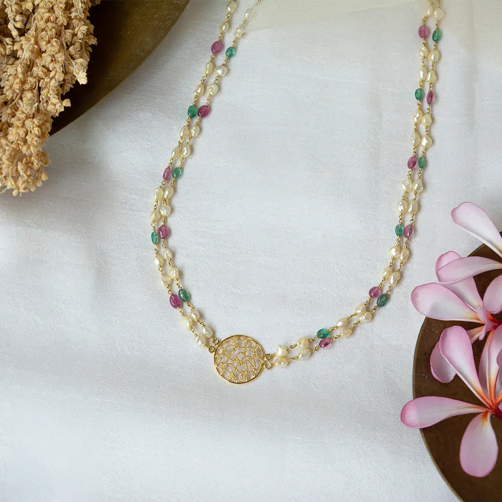 Shop Ethereal Gleam Pearl & Gemstone 18K Filigree Gold Chain for Women ...