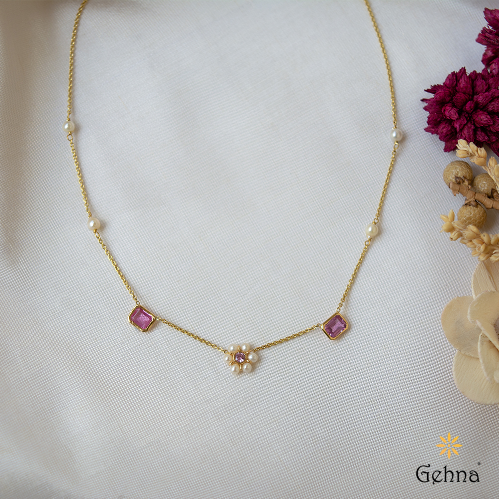 Graceful Pink Sapphire & Pearl 18K Gold Chain (16 Inches)