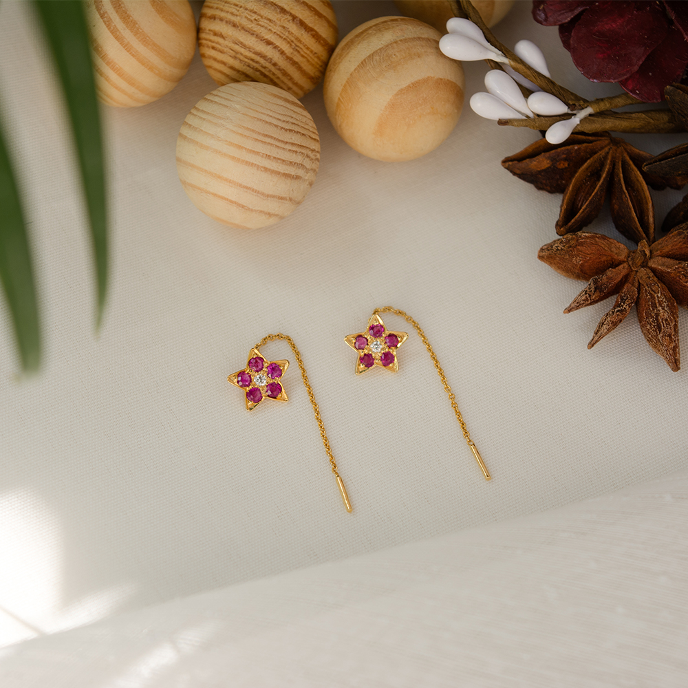 Shop Star Ruby & Diamond 18K Gold Threader Earring for Women | Gehna