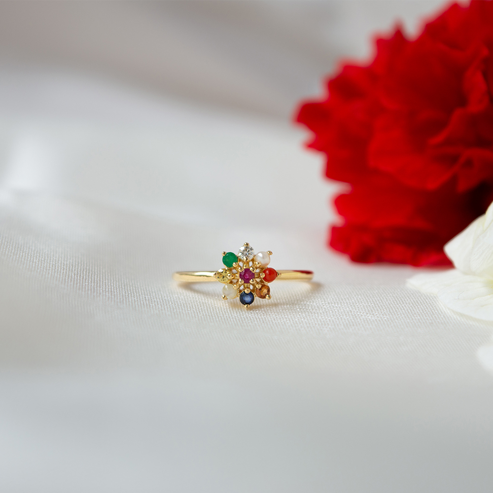 Floral Navaratna 18K Gold Ring